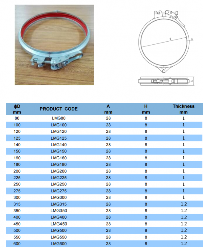 250mm Galvanized Duct Adjustable Metal Band Clamp With Bolt And Pin